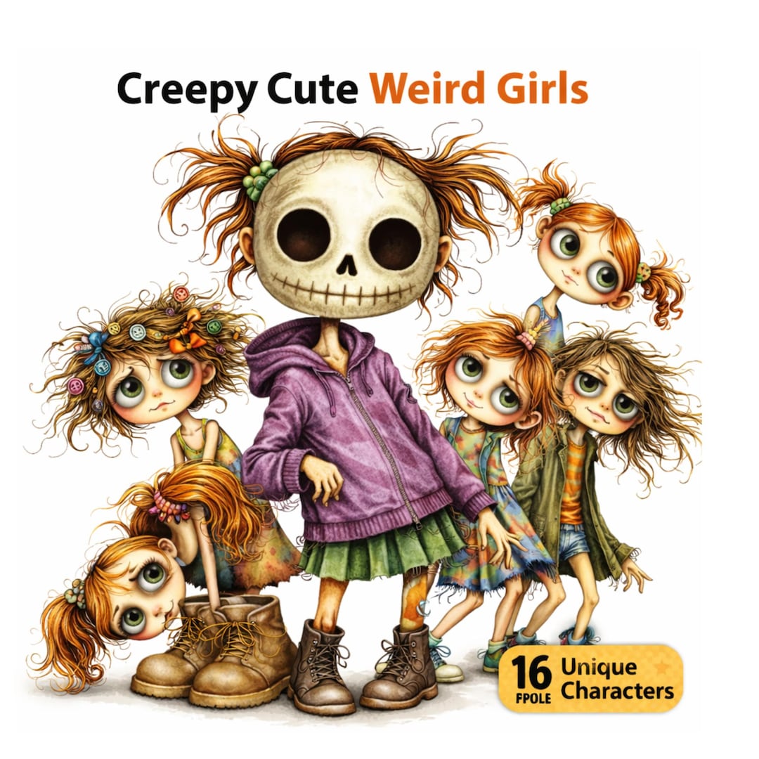 Creepy Cute Weird Girl PNG Clipart Bundle – Distorted Quirky Emo ...
