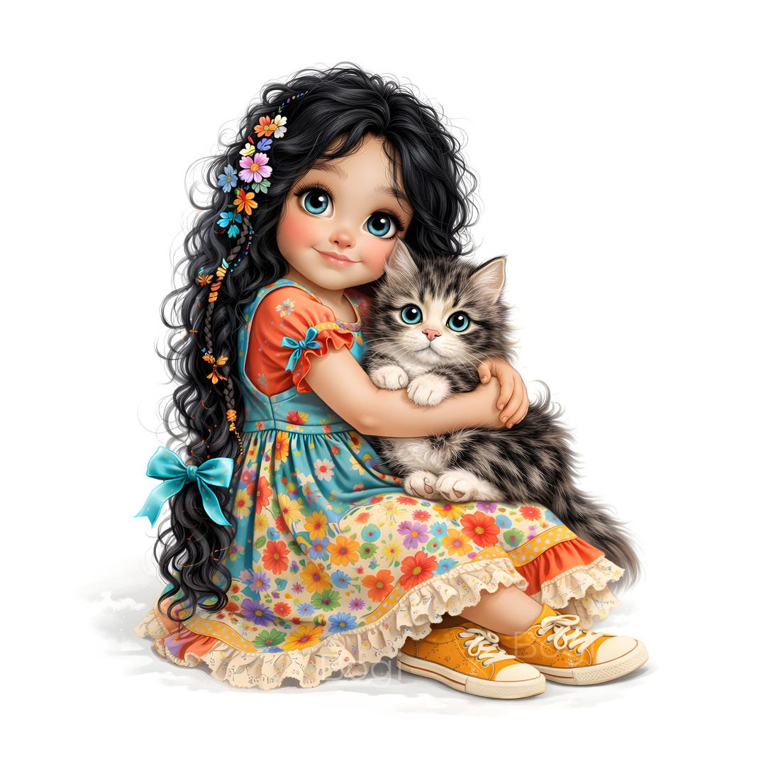 25 Watercolor Girl and Cat Clipart – Cute Whimsical Girls With Cats ...
