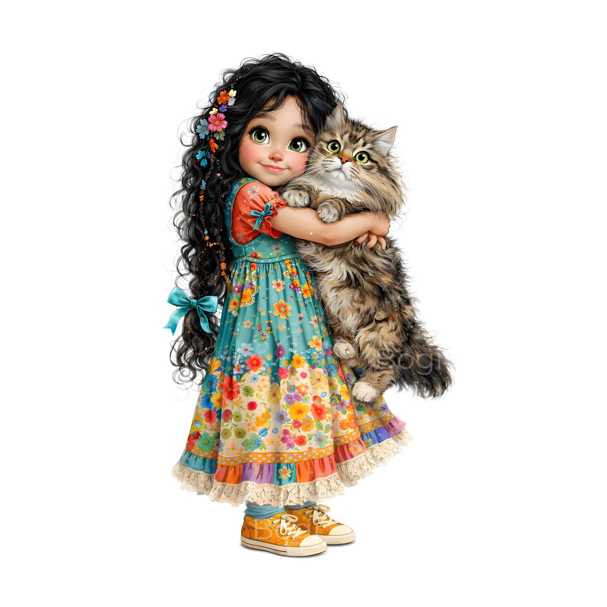25 Watercolor Girl and Cat Clipart – Cute Whimsical Girls With Cats ...