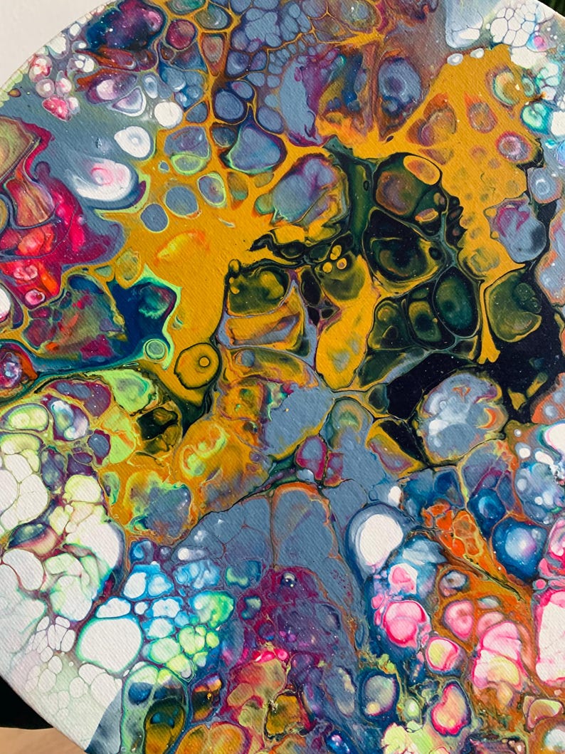 Abstract Acrylic Painting, 12 Inch Round Canvas, Original Pour Cell Art ...