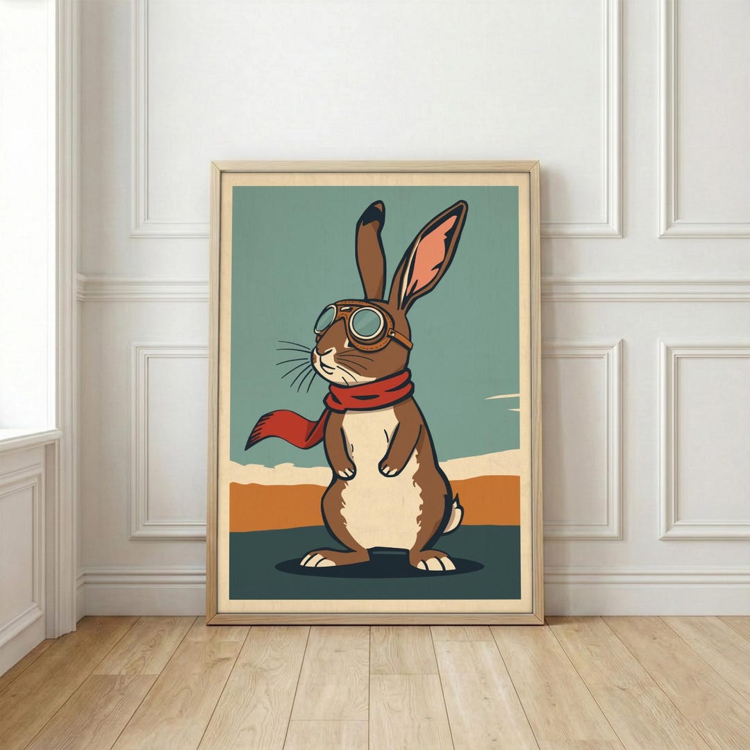 Aviator Rabbit Art Print | Vintage Style Animal Poster | Pilot Bunny ...