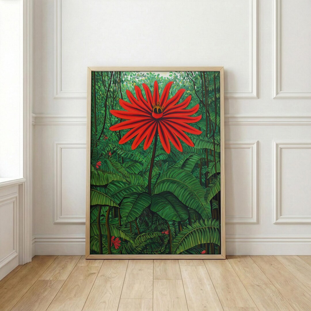 Henri Rousseau Style Jungle Art | Giant Red Flower Print, Tropical ...