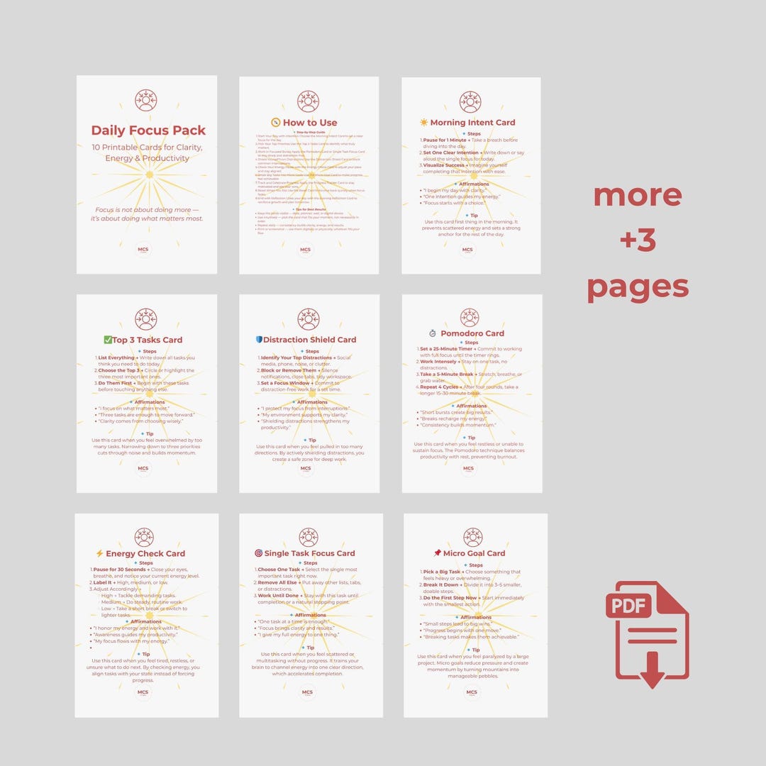 Daily Focus Pack | 10 Printable Productivity - Clarity Cards | Minimal ...