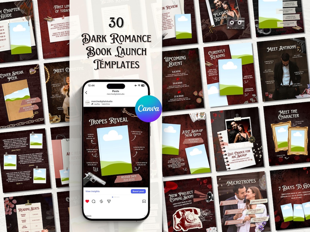 Dark Romance Book Launch Templates Canva Instagram Post Kit for Indie ...
