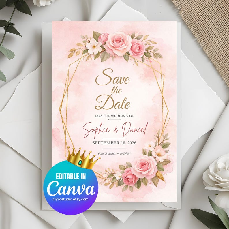 Save the Date Wedding Invitation Template Pink Floral Editable Canva ...