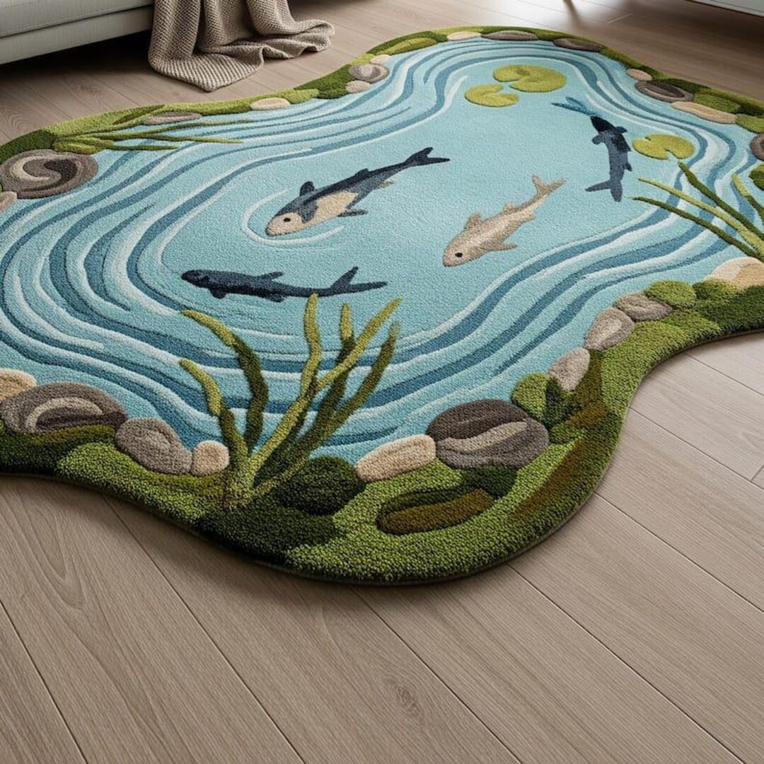 Koi Fish Area Rug, Japanese Lotus Water Rug, Zen Living Room Carpet ...