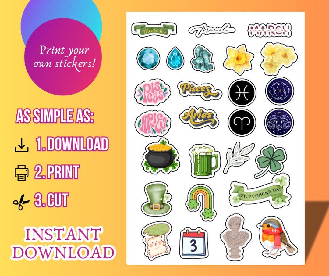 March Digital Printable Planner Stickers, New Year Stickers, Pisces and ...