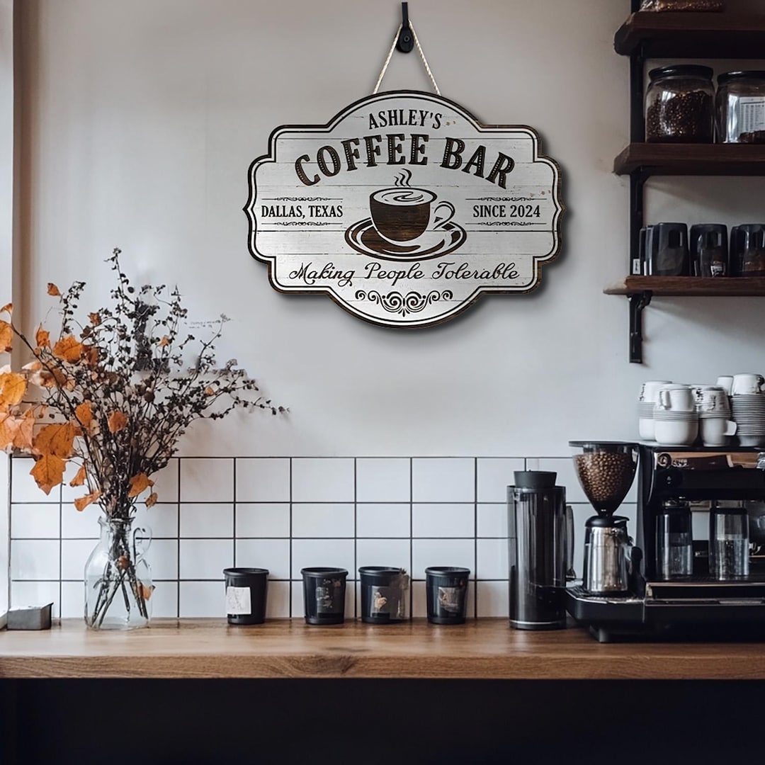 Custom Coffee Bar Wall Wood Sign, Personalized Kitchen Coffee Decor ...