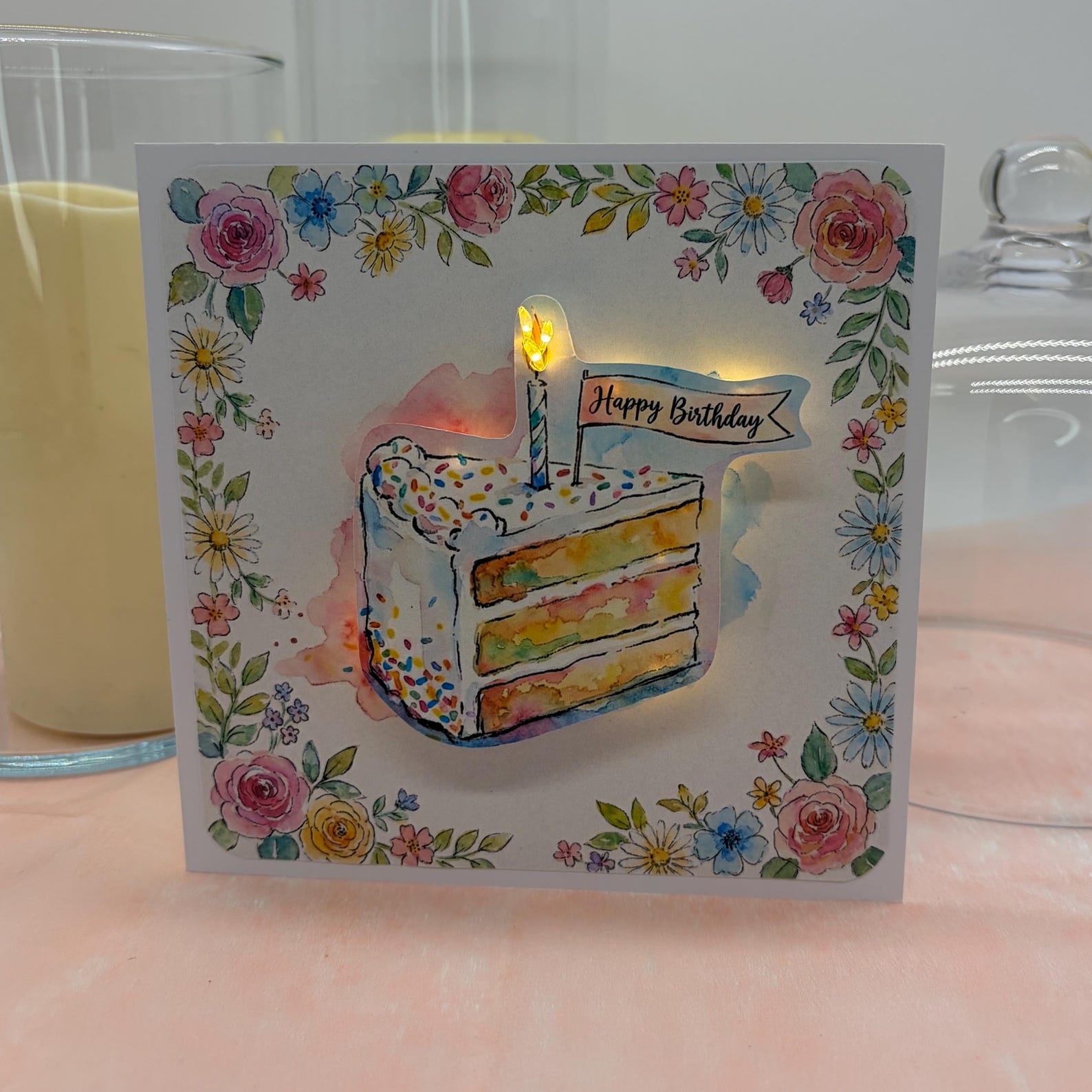 Handmade Light-up Birthday Cake Card | Cake & Floral Design | LED ...