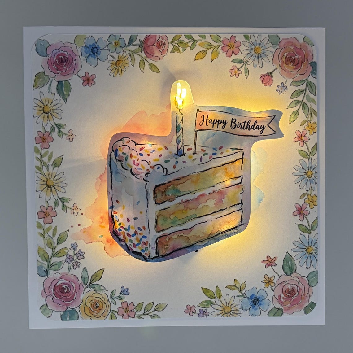 Handmade Light-up Birthday Cake Card | Cake & Floral Design | LED ...