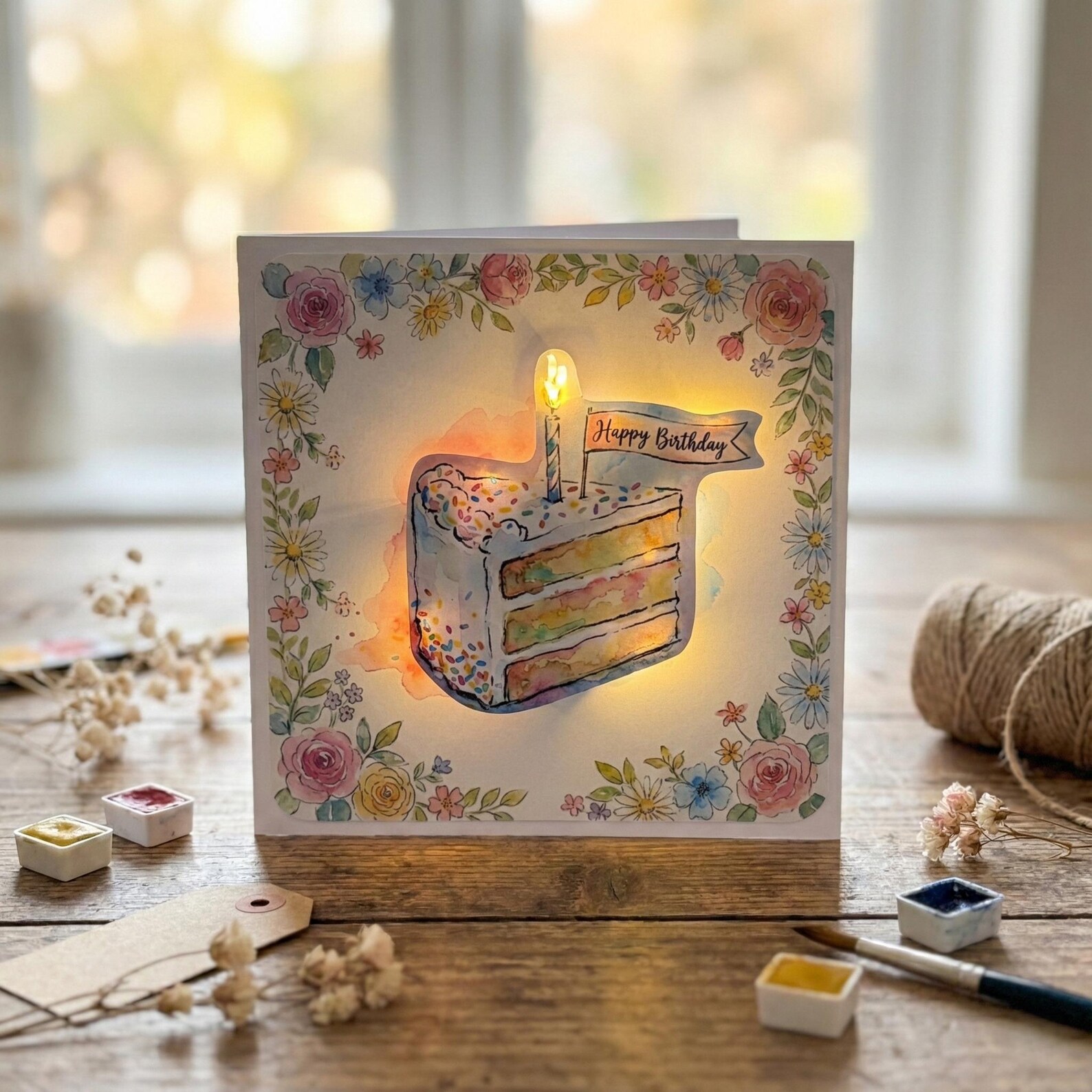 Handmade Light-up Birthday Cake Card | Cake & Floral Design | LED ...