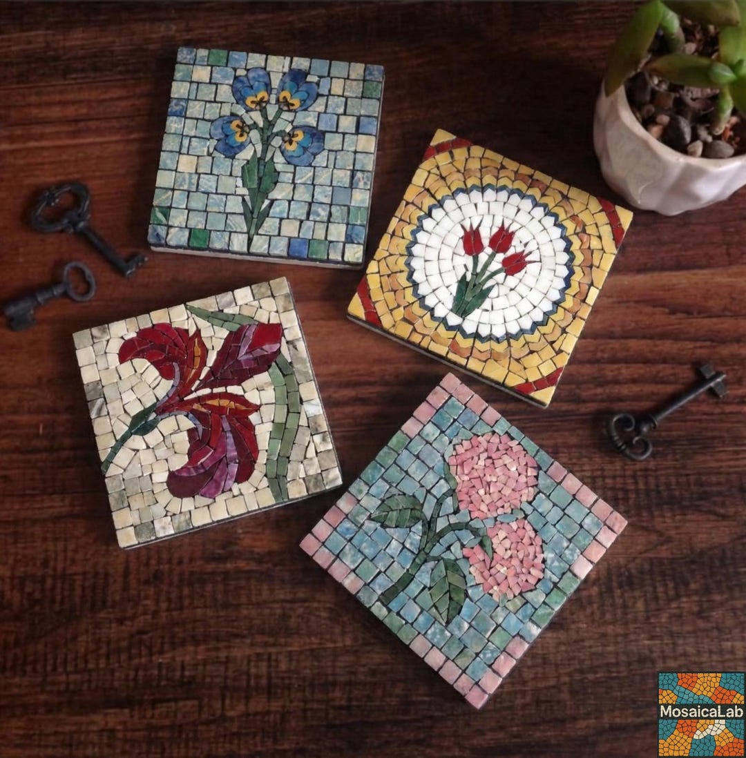 Handmade Floral Mosaic Coasters, Natural Stone, Set of 4 - Etsy