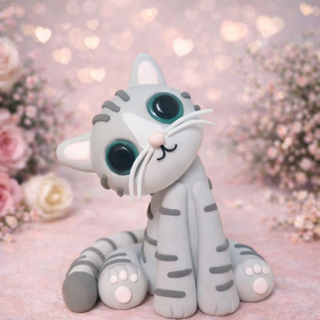Handmade Cat Clay Sculpture, Cute Cat Ornament, Whimsical Desk Decor ...