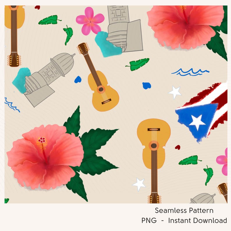 Puerto Rico Seamless Pattern PNG, Caribbean Hand Drawn Design, Tropical ...