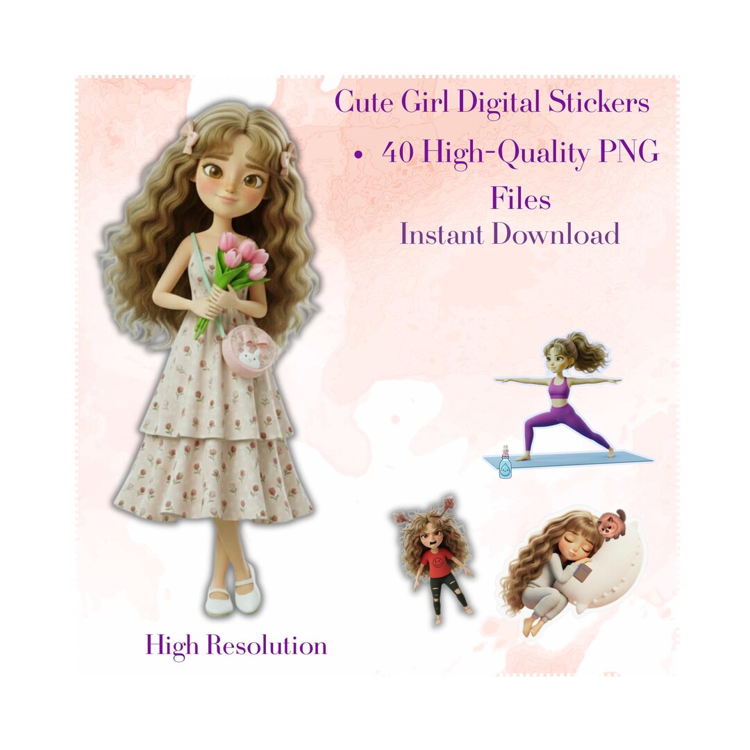 Cute 3D Little Girl Digital Stickers - 40 PNG Files, Planner Stickers ...