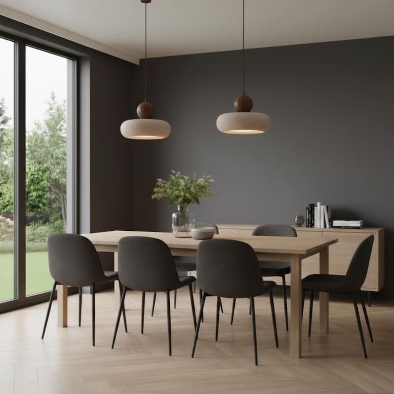 Modern Stone & Wood Pendant Light | Warm LED Ambient Lighting ...