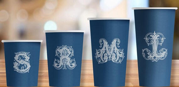Navy Antique Single Monogram Party Hot/Cold Cups in 4 sizes - Set of 12 ...
