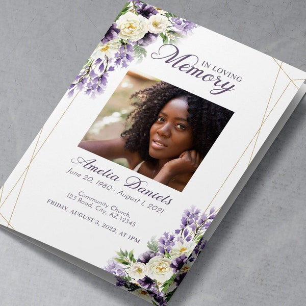 4 Page Funeral Program, Purple & White Flowers, Editable Floral ...