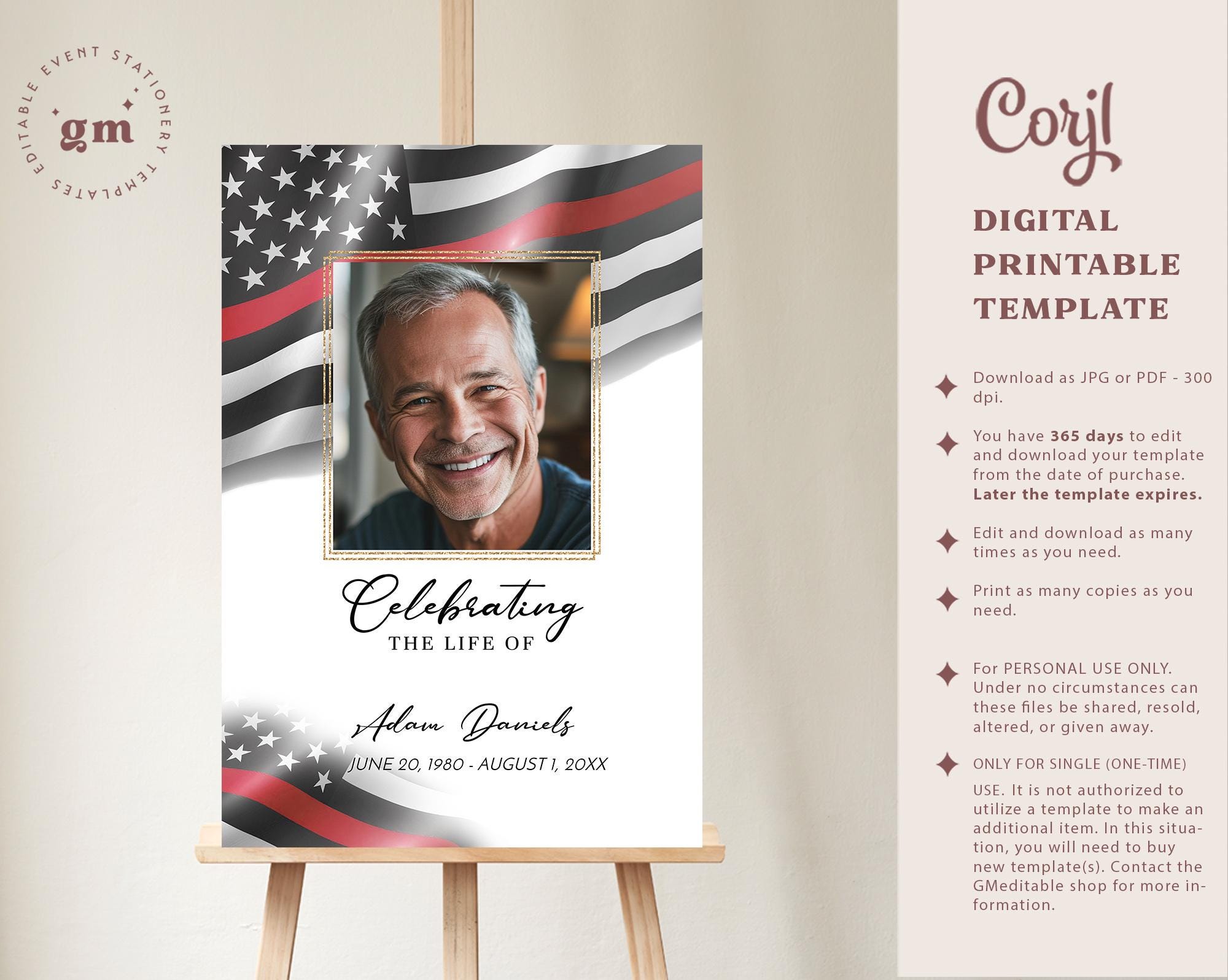 Firefighter Memorial Poster With Photo, Editable Fireman Funeral ...