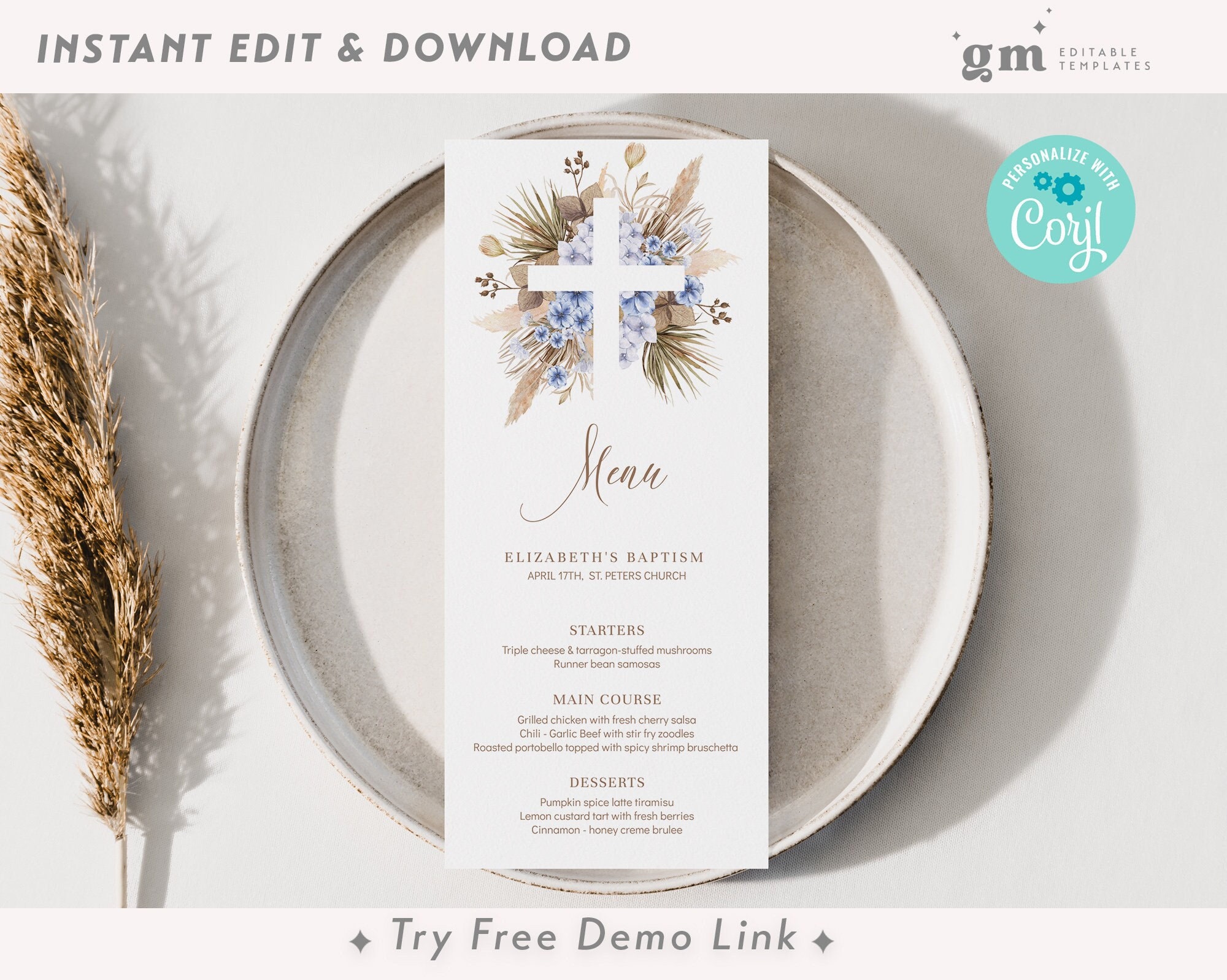Pampas Grass Cross Christening Lunch Menu, EDITABLE Boy Communion Menu ...