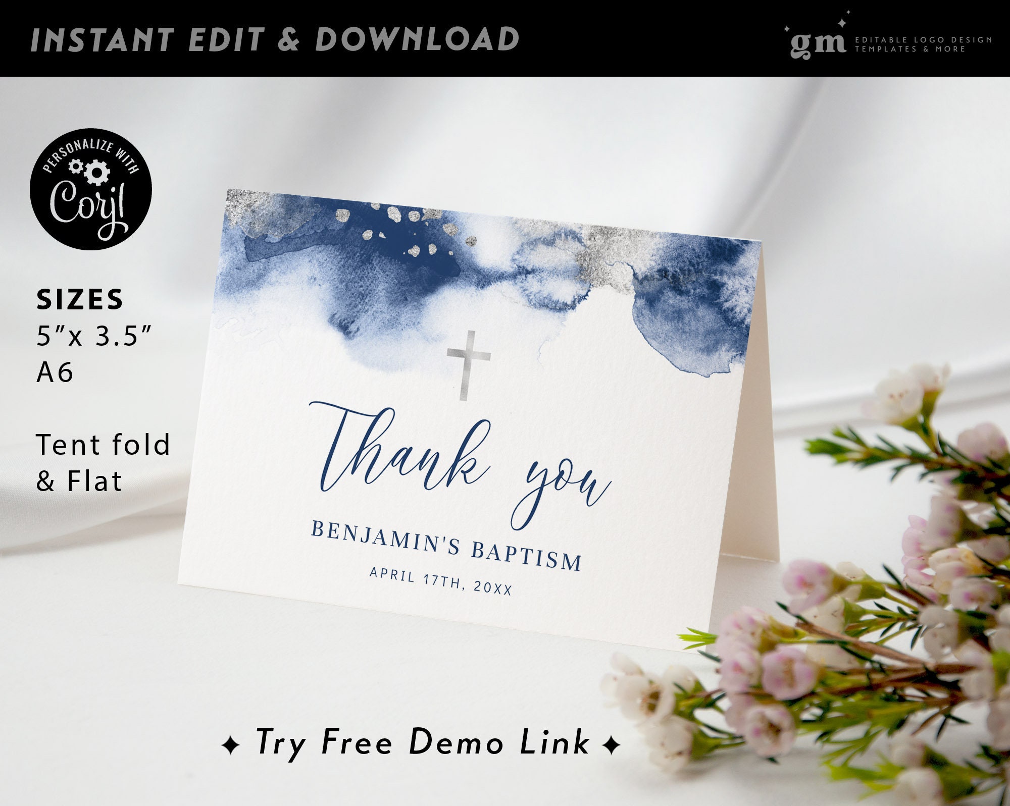 Navy Baptism Thank You Note, EDITABLE Boy Christening Folded Note ...