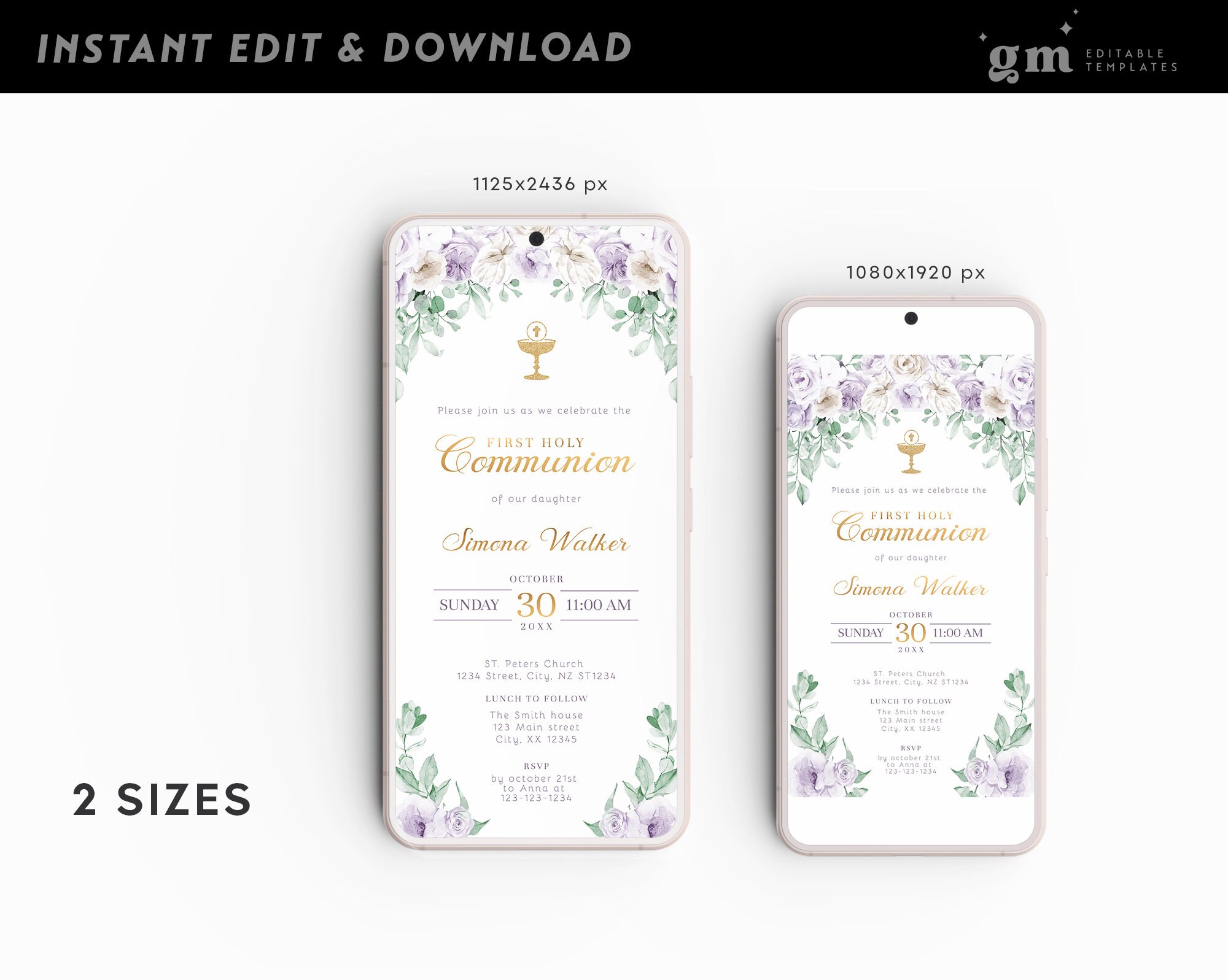 Girl First Holy Communion Electronic Invite, Chalice, EDITABLE Floral ...