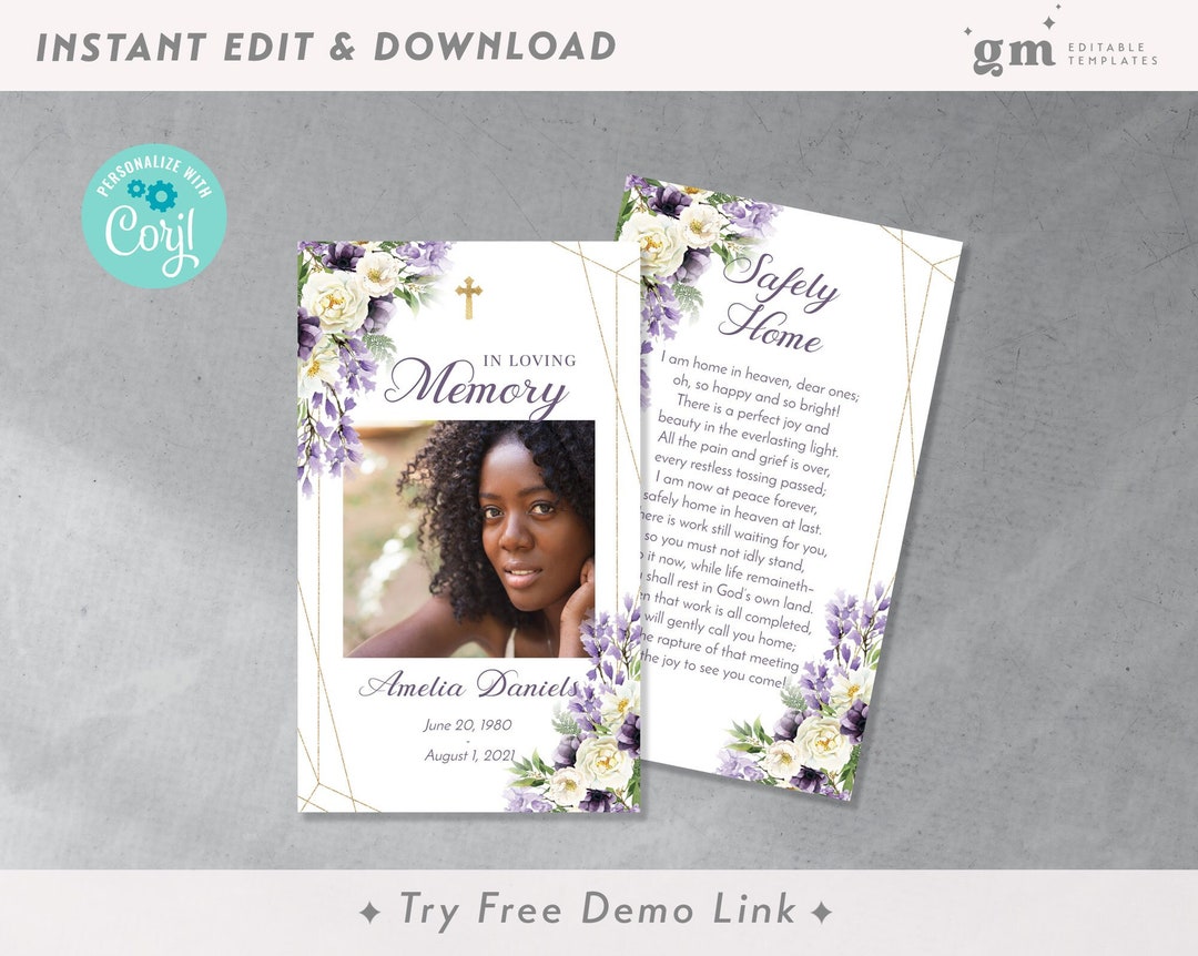 Floral Catholic Mass Card for Funeral, Editable Memorial Prayer Card ...