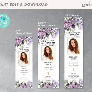 Purple Flowers Funeral Bookmark, Editable Floral Memorial Bookmark ...