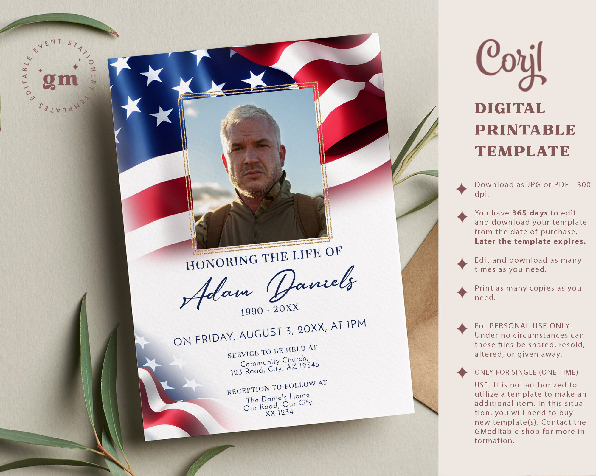 Military Funeral Announcement TEMPLATE, Editable Veteran Memorial ...