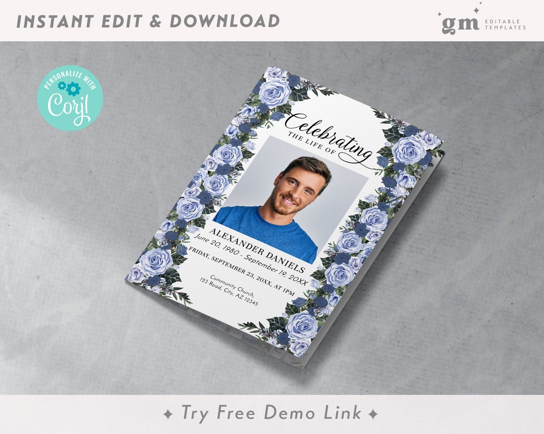 4 Page Blue Roses Funeral Program, Editable Floral Obituary TEMPLATE ...