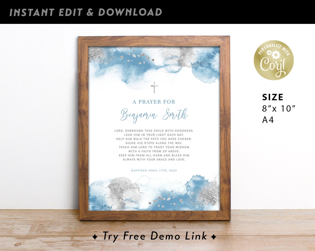 Boy Baptism Prayer Sign Blue Silver, EDITABLE Communion Sign Template ...