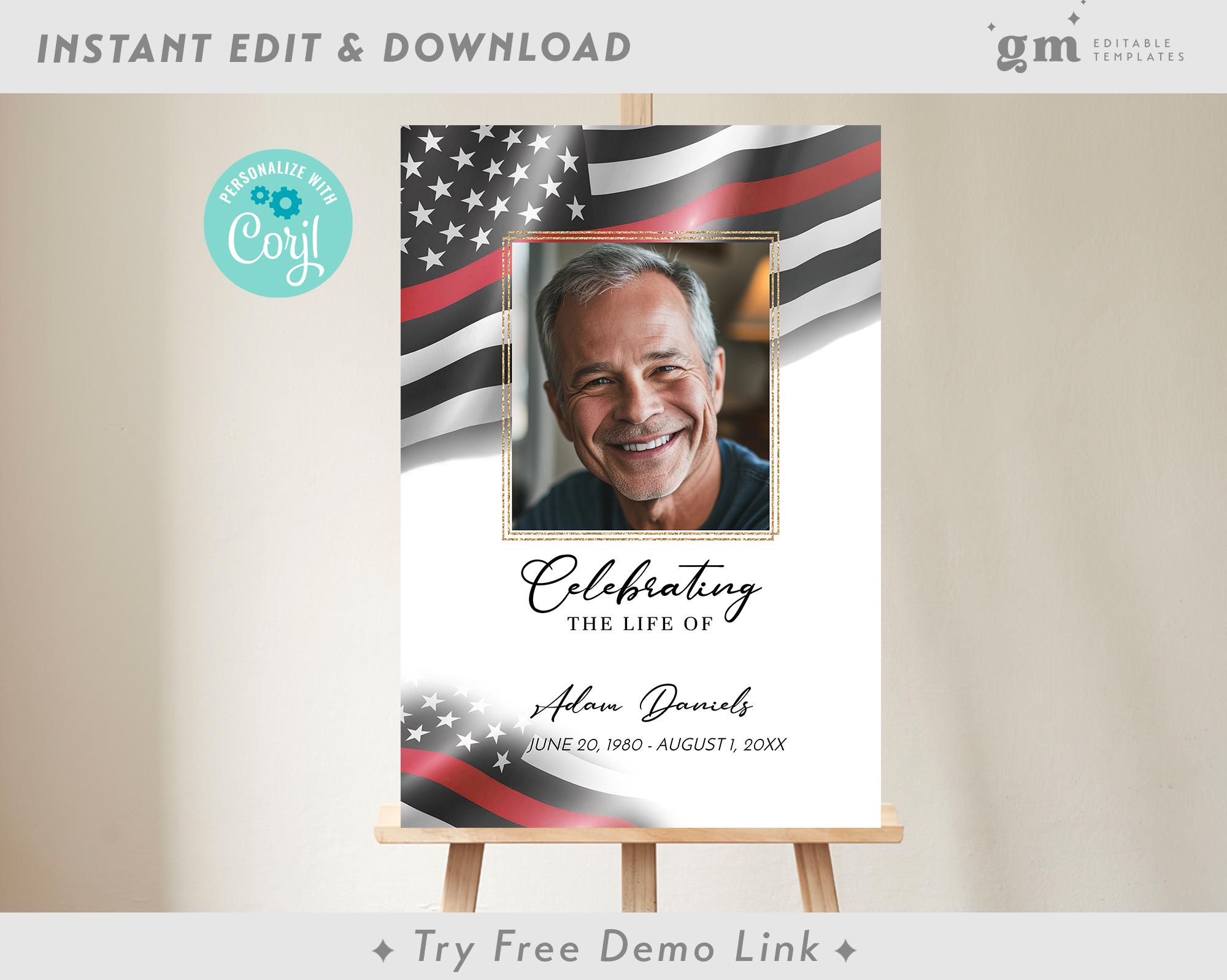 Firefighter Memorial Poster With Photo, Editable Fireman Funeral ...