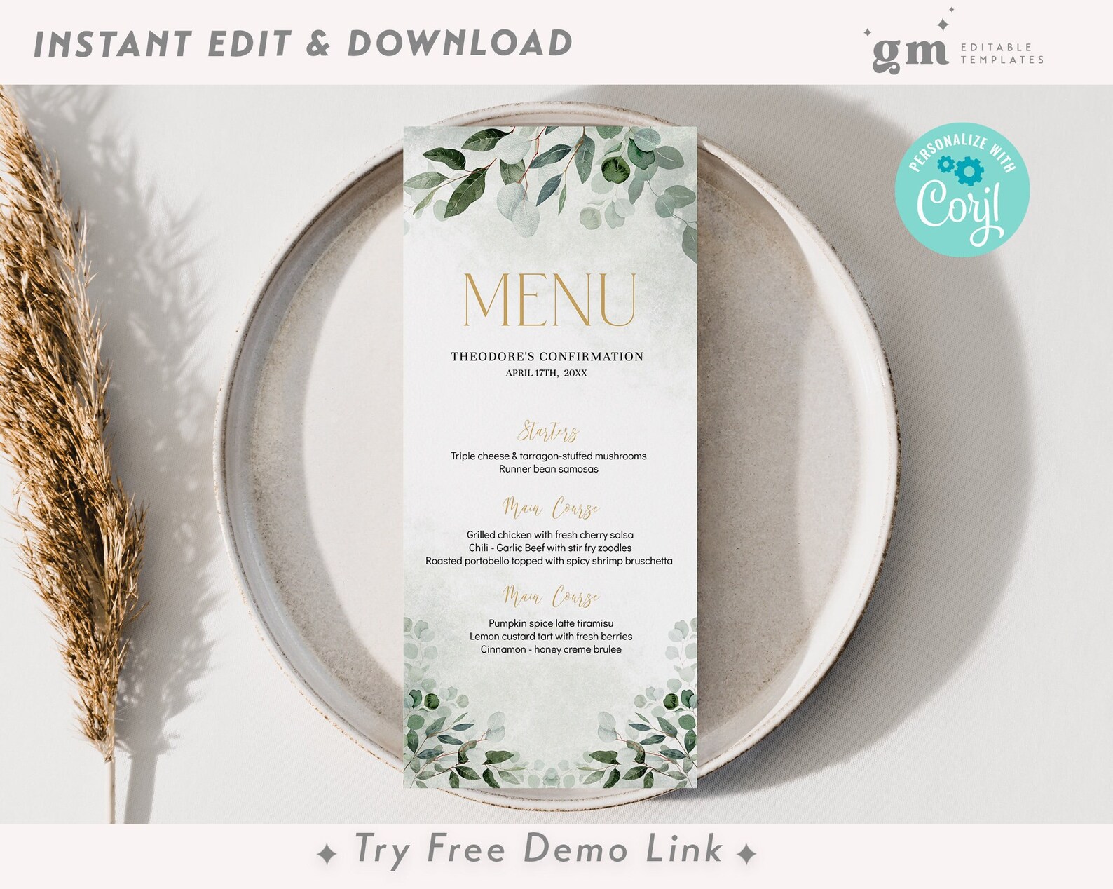 Greenery Christening Lunch Menu, Green & Gold, EDITABLE Boy Communion ...