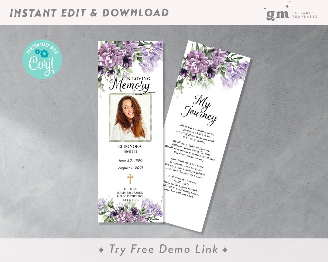 Purple Flowers Funeral Bookmark, Editable Floral Memorial Bookmark ...
