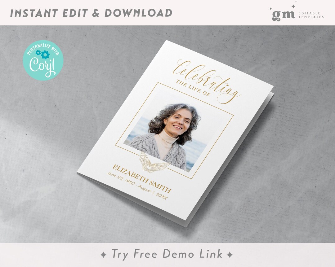 4 Page Funeral Program, Simple Editable Obituary TEMPLATE With Angel ...