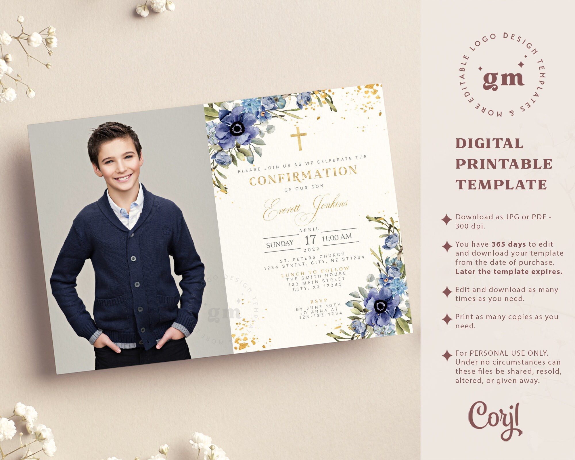 Blue & Gold Confirmation Photo Invitation Template, EDITABLE Floral Boy ...