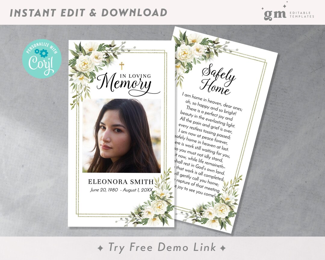 White Roses Catholic Mass Card for Funeral, Editable Floral Memorial ...