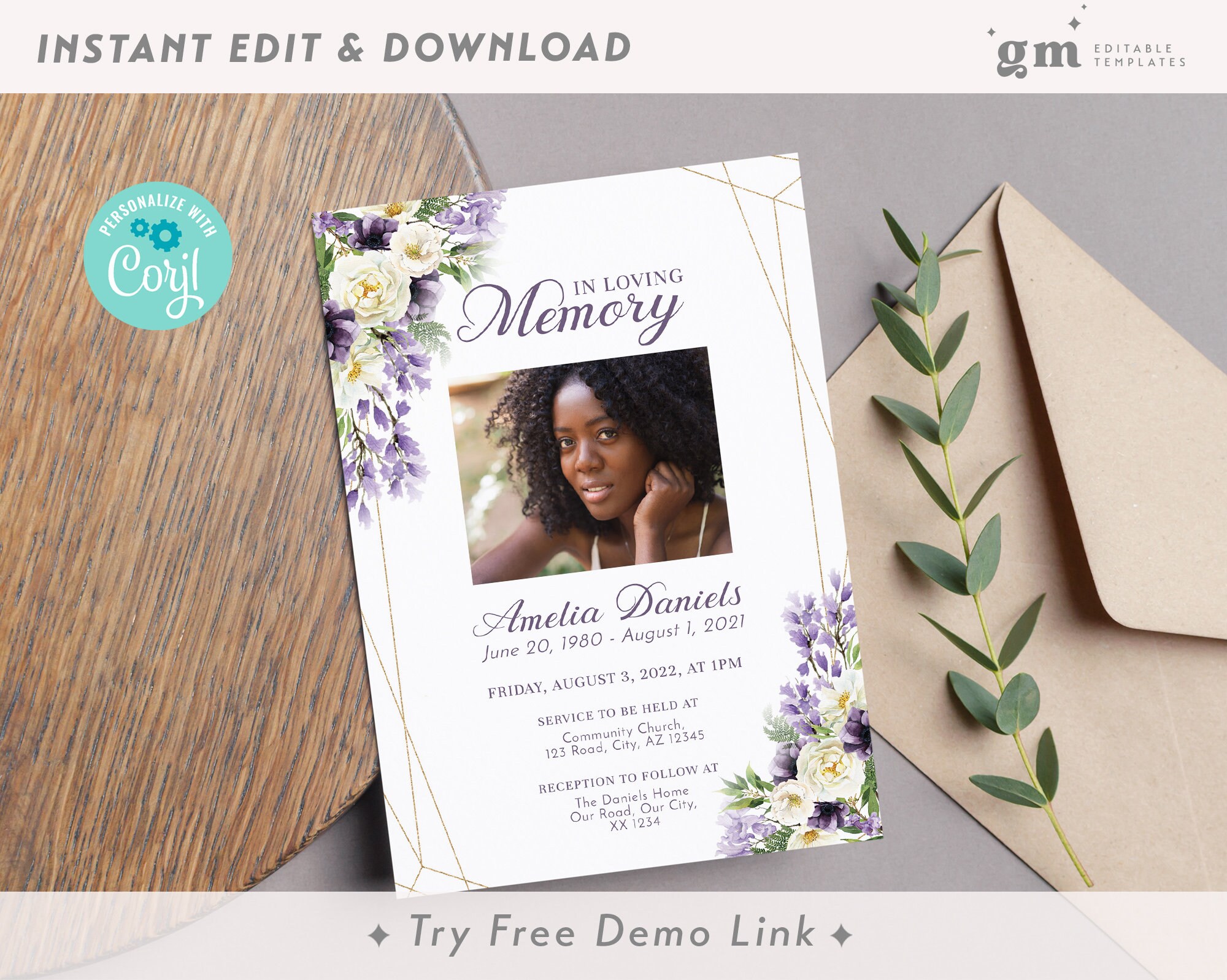 Memorial Invitation Card, Editable Funeral Announcement TEMPLATE ...