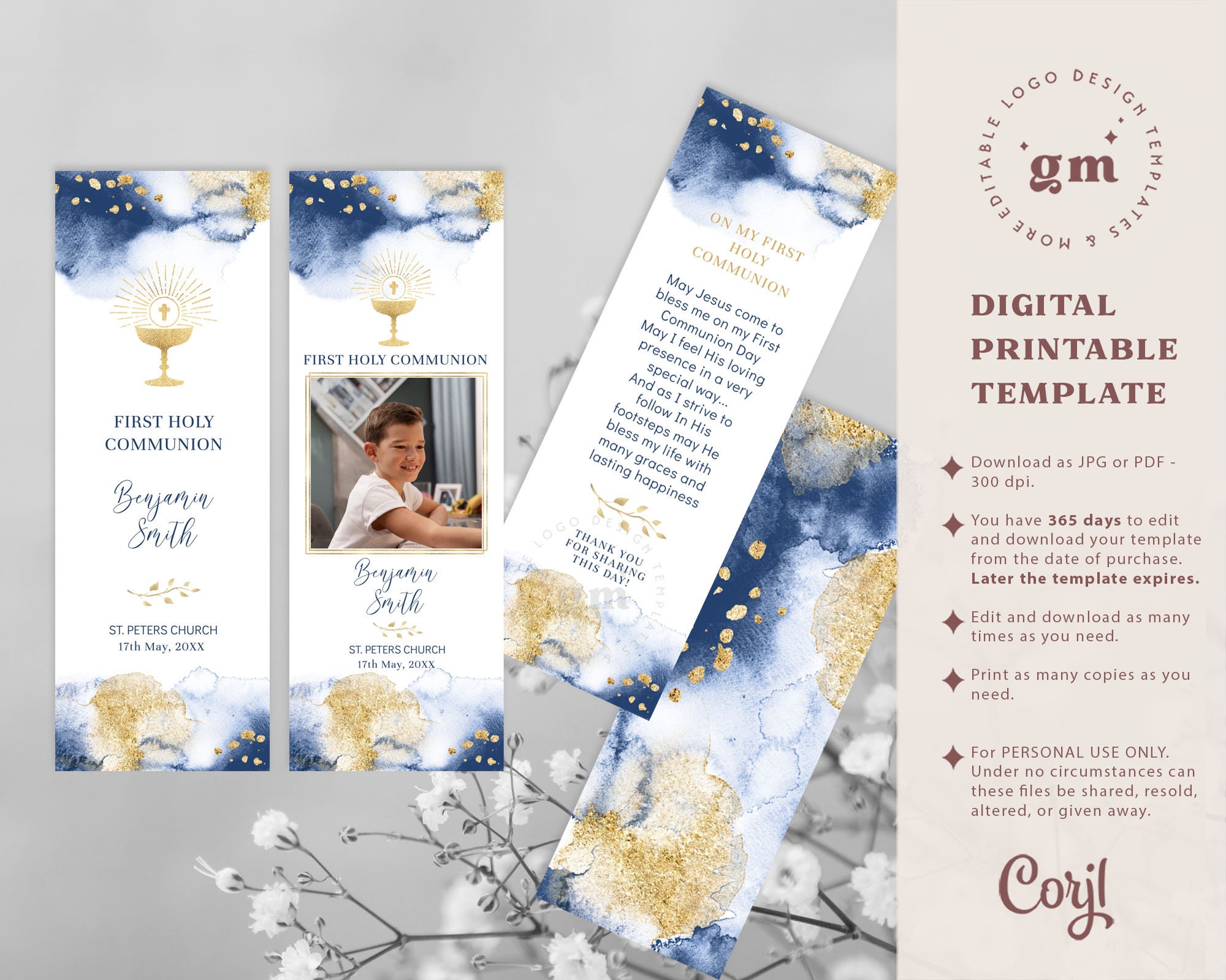 1st Communion Bookmark With Chalice, Navy & Gold, EDITABLE Boy Prayer ...