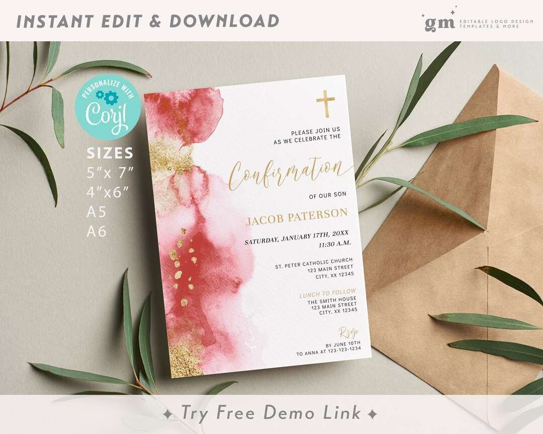Confirmation Invite Template, Red & Gold Watercolor Abstract Religious ...