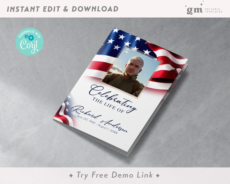 Veteran 4 Page Funeral Program With Flag, Editable Military Obituary ...