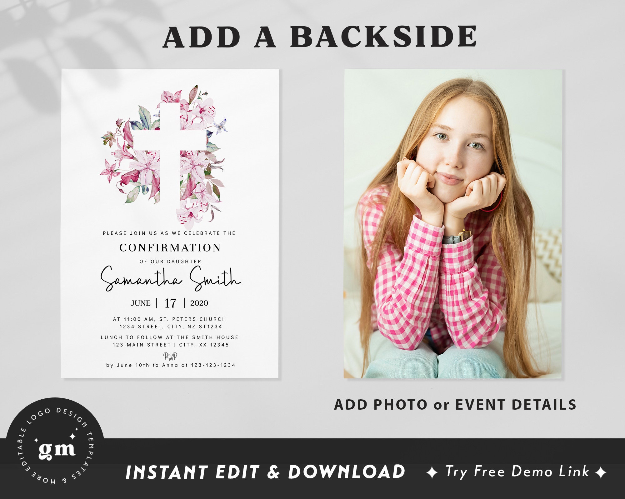 Pink Confirmation Invite, Floral Cross Invite, EDITABLE Printable Girl ...