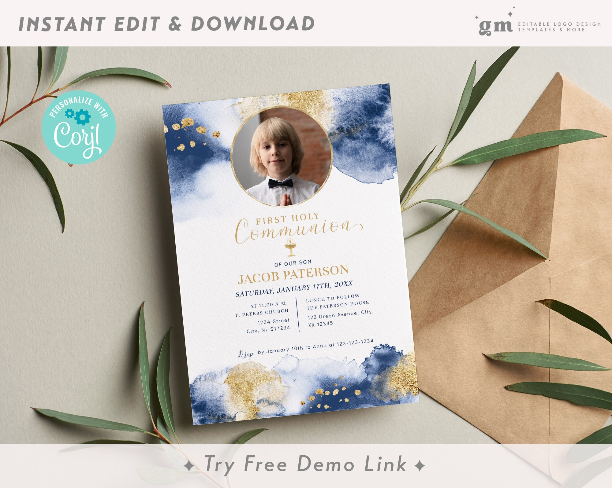 Boy First Holy Communion Invitation Card, EDITABLE 1st Communion Invite ...