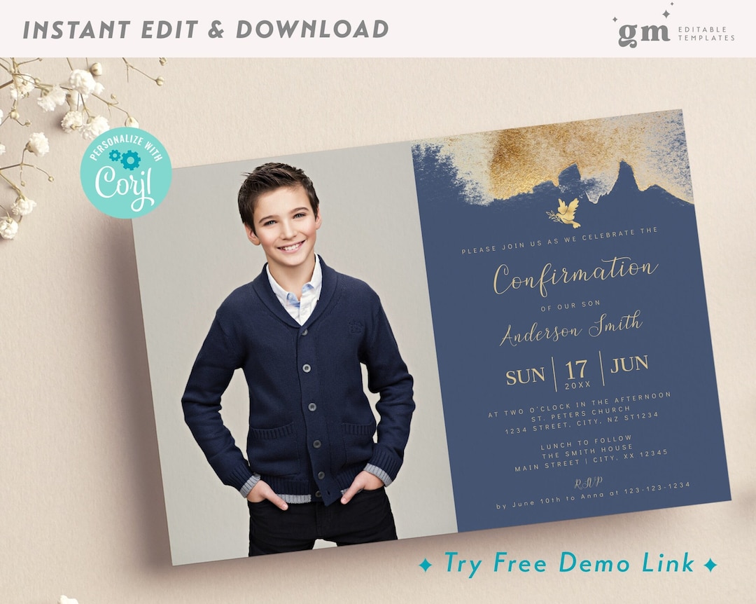 Navy Boy Confirmation Photo Invite Card, EDITABLE Male Confirmation ...