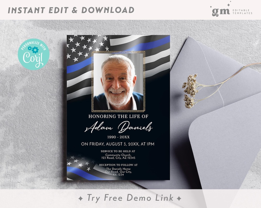 Police Memorial Invitation Card, Editable Law Enforcement Funeral ...