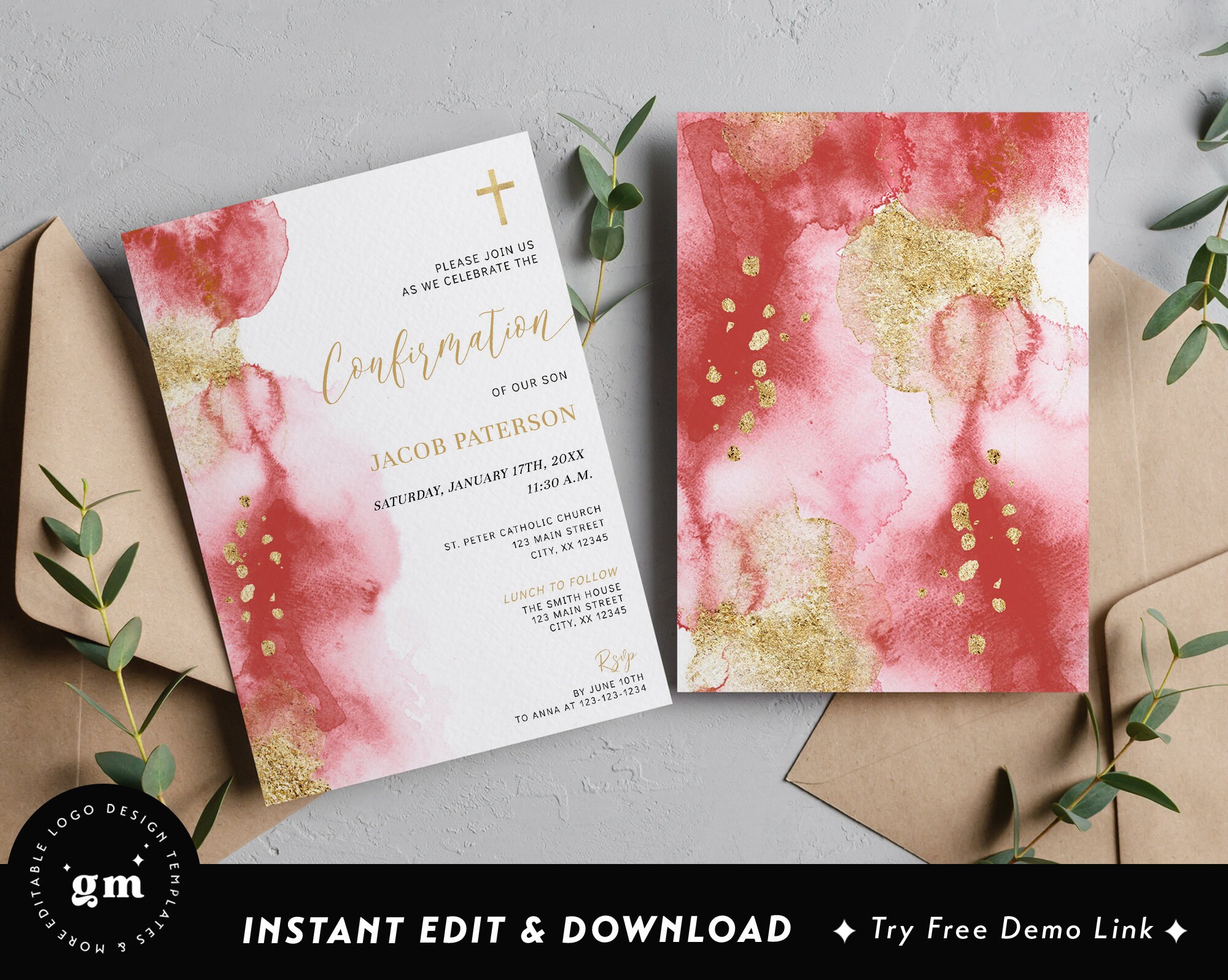Confirmation Invite Template, Red & Gold Watercolor Abstract Religious ...