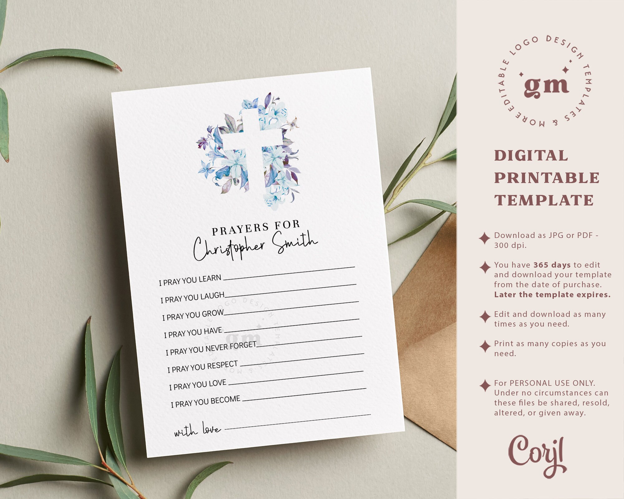 Prayers for Baby, Editable Baptism Prayer Card Template, Blue Floral ...