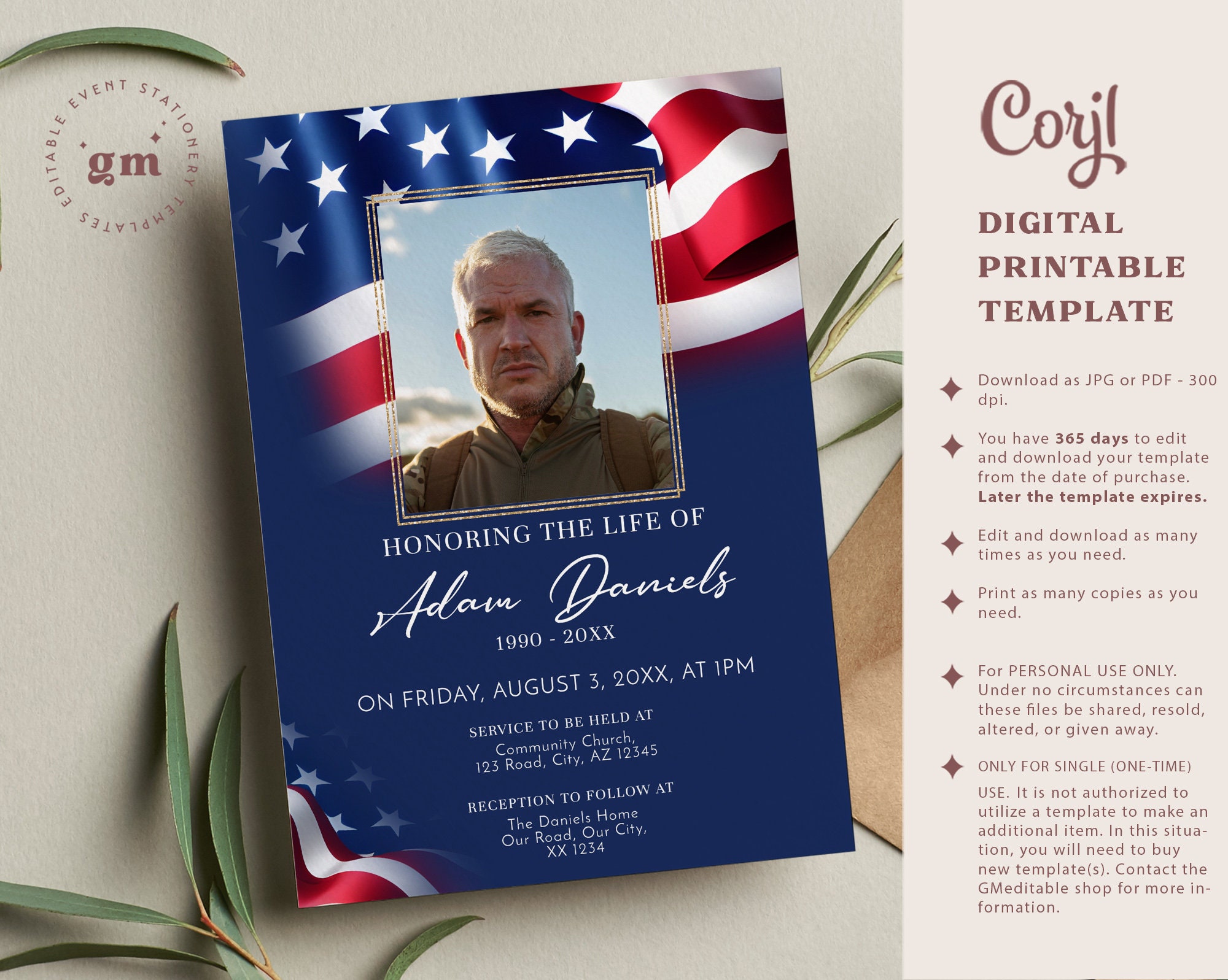 Veteran Memorial Invitation Card With Flag, Editable Military Funeral ...