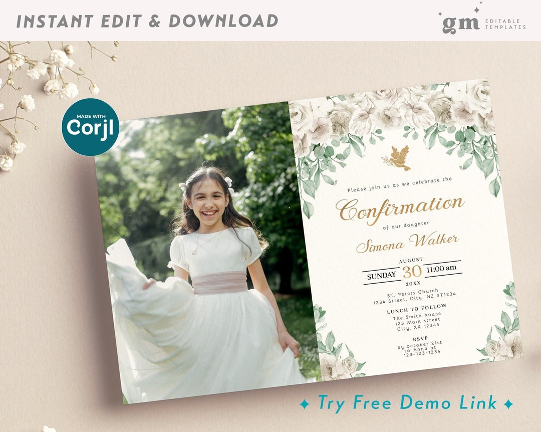 Floral Confirmation Picture Invitation, EDITABLE Confirmation Photo ...