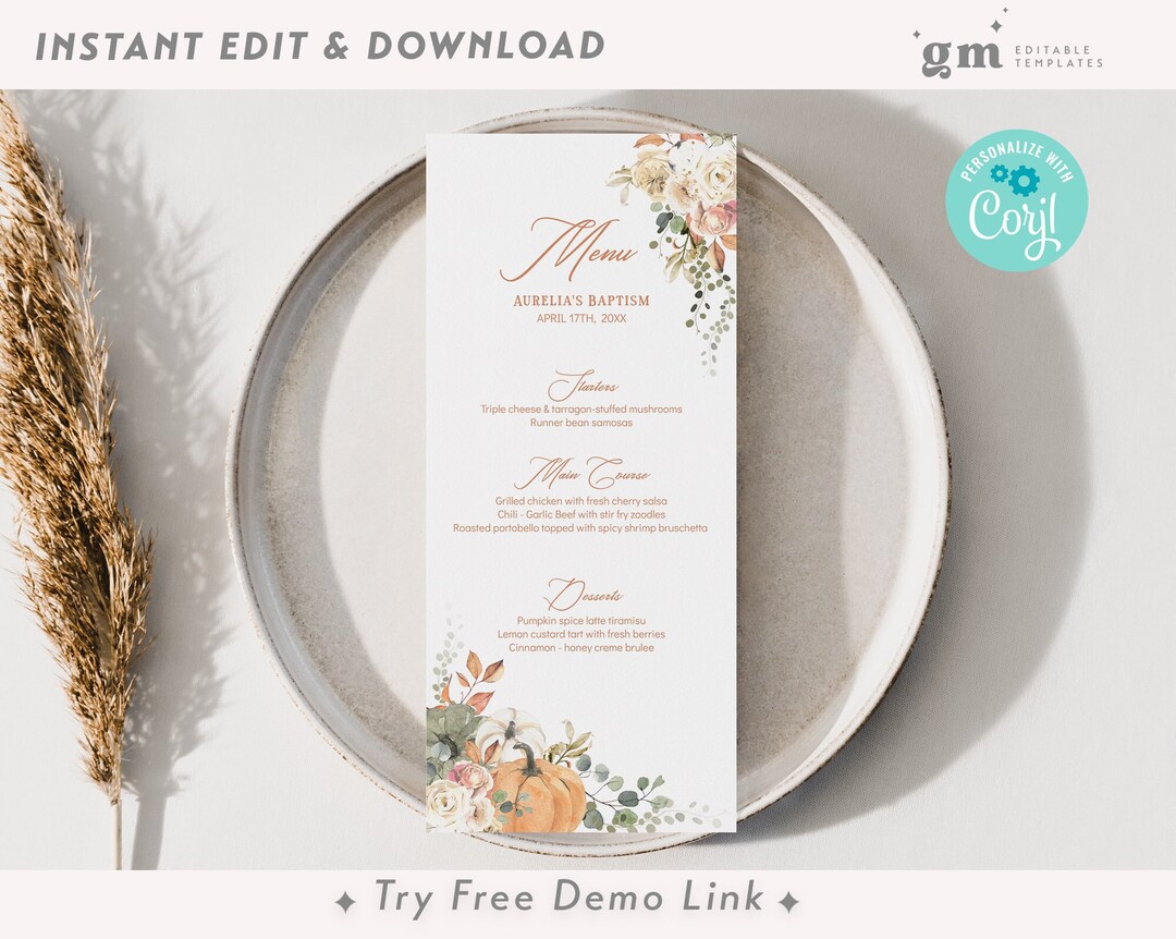 Tall Fall Dinner Table Menu Template, Pumpkins & Roses, EDITABLE ...